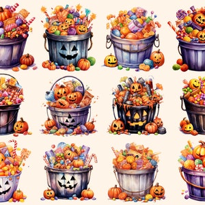 80 Halloween Candies Bucket Watercolor Clipart Bundle, PNG Trick or ...