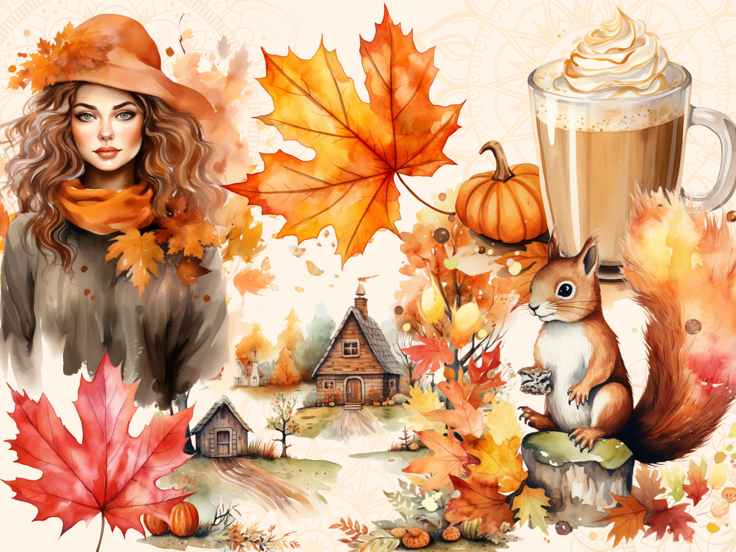 166 Watercolor Autumn Clipart Bundle , PNG Watercolor Fall Illustration ...