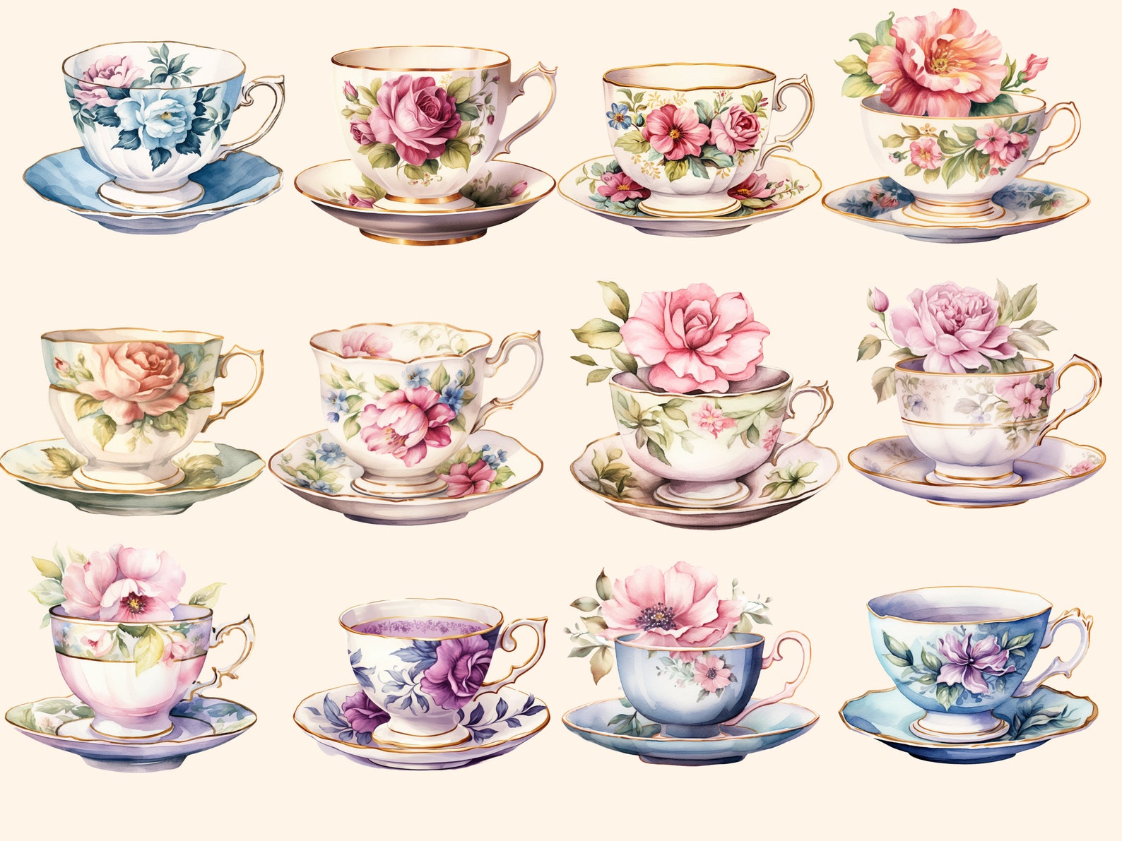 Vintage Tea Watercolor Clipart Bundle, 100 PNG Antique Teacup Images ...