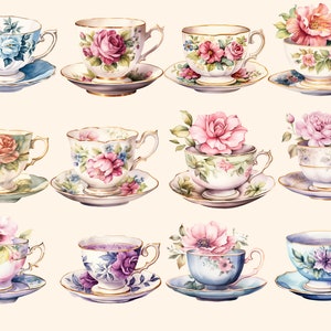 Vintage Tea Watercolor Clipart Bundle, 100 PNG Antique Teacup Images ...