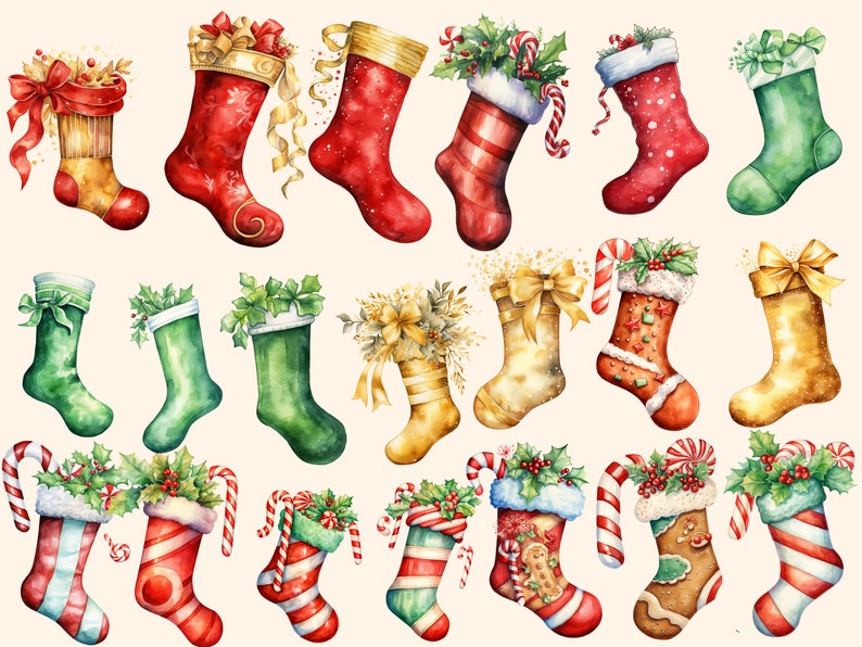 79 Christmas Stocking Clipart, Watercolor Clipart, Christmas PNG ...