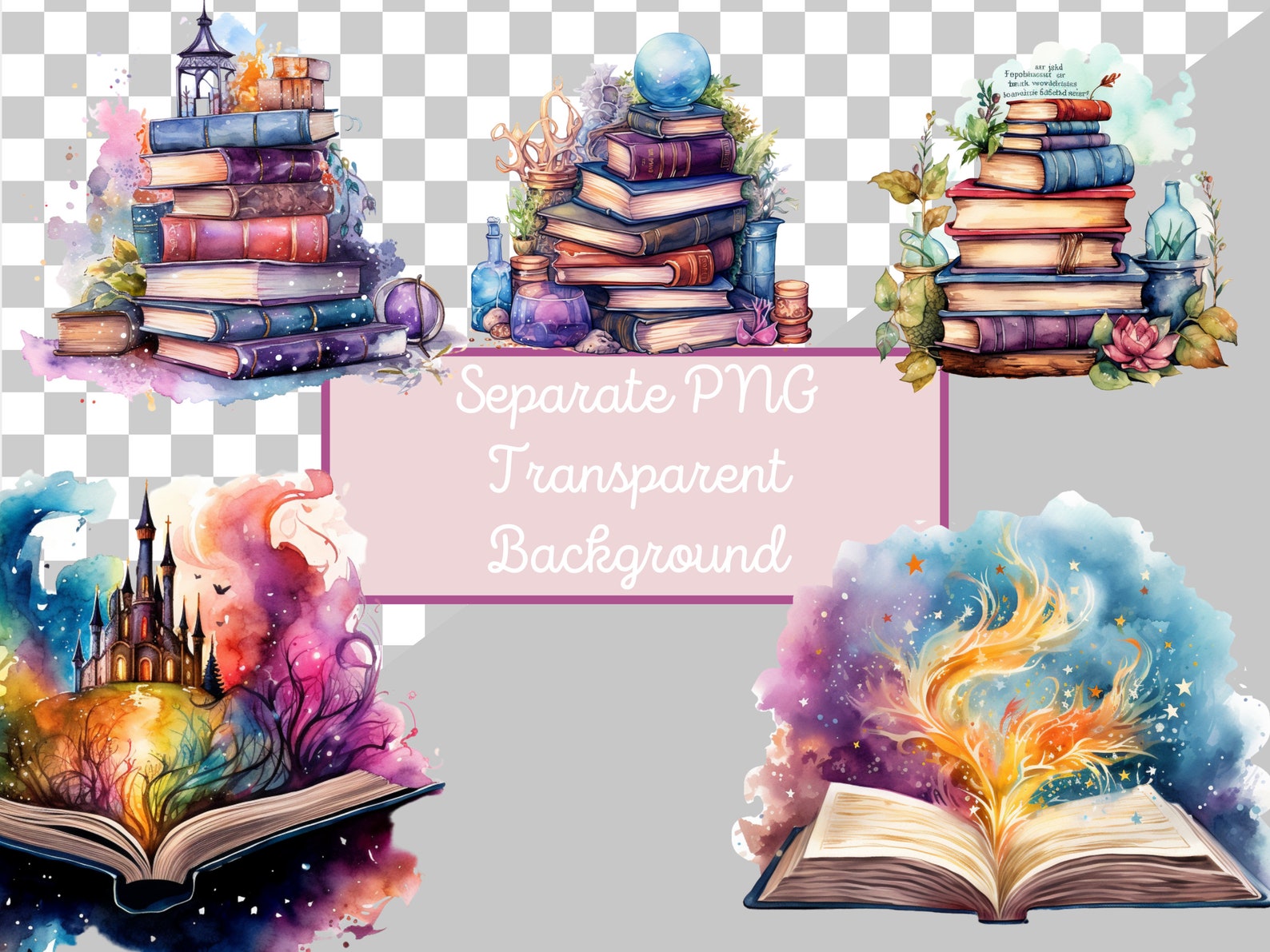 Watercolor Fantasy Books Clipart, Galaxy Wizard Book Stacks and Shelves ...