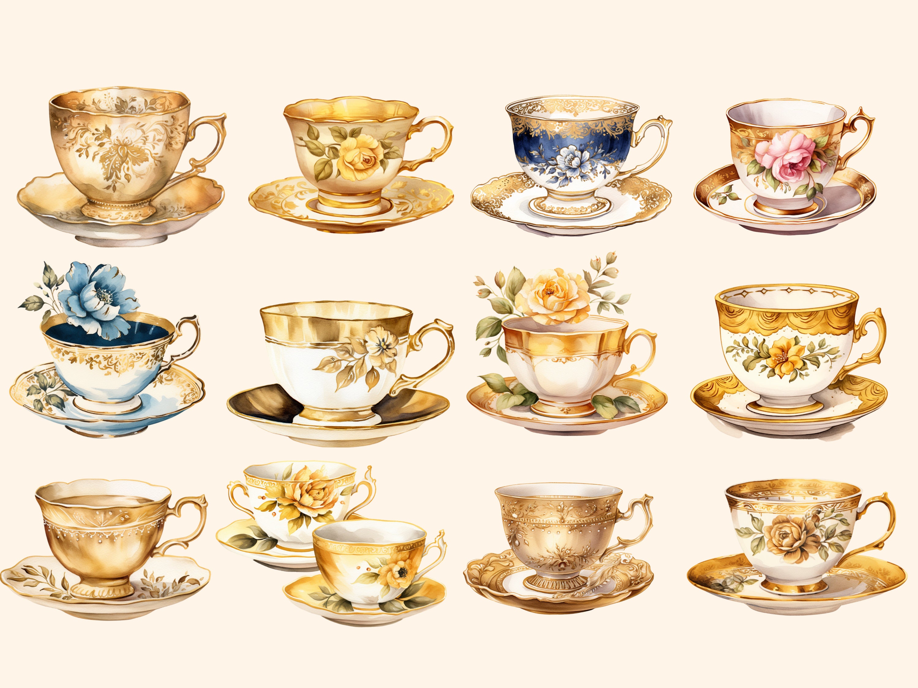 Vintage Tea Watercolor Clipart Bundle, 100 PNG Antique Teacup Images ...