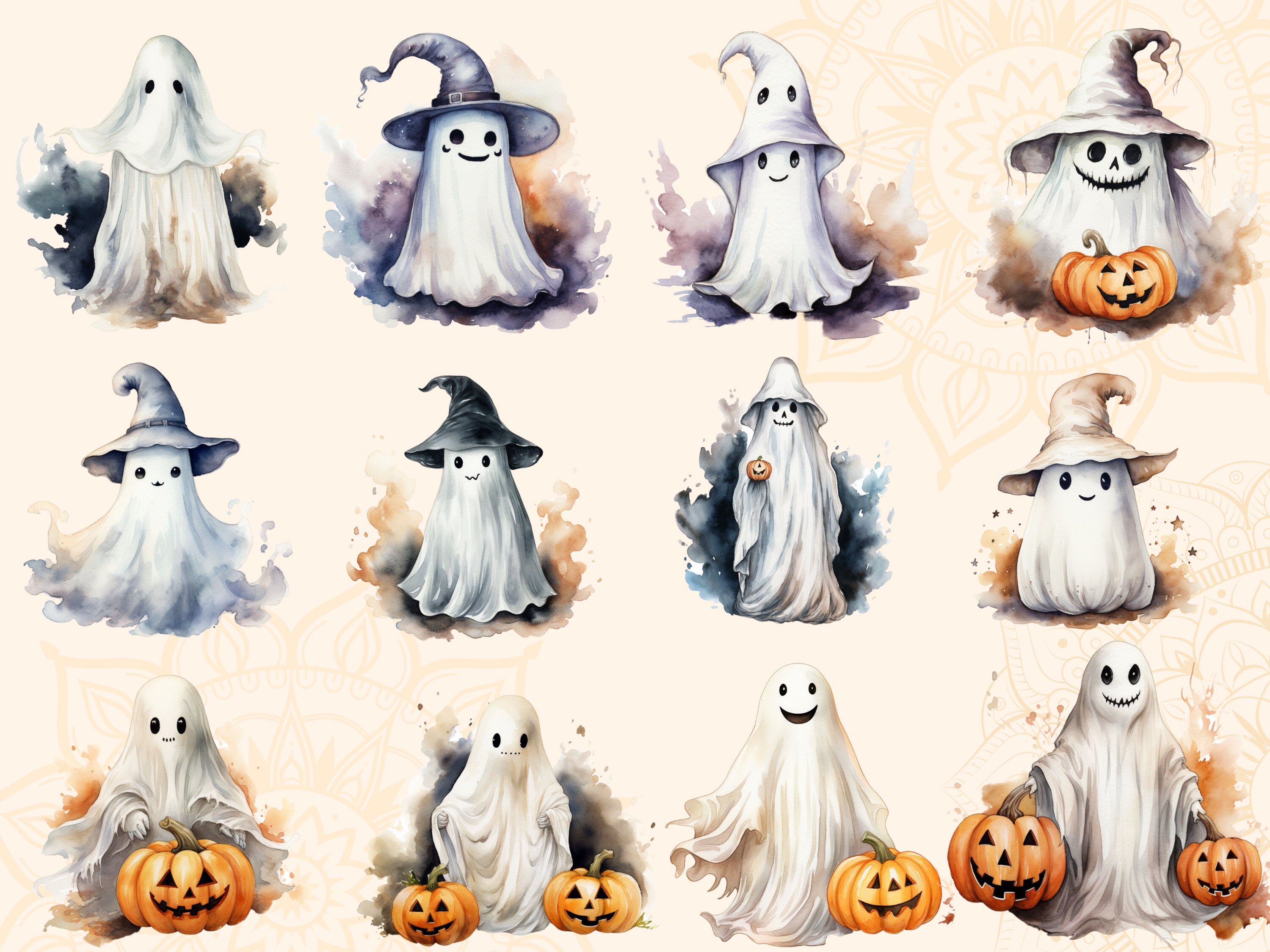 60 Spooky Halloween Ghost Clipart, Watercolor Clipart, Halloween PNG ...