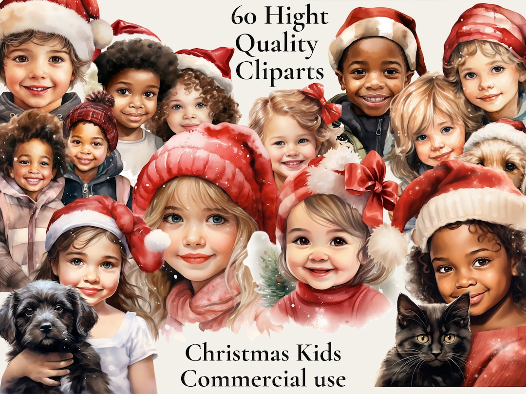 60 Christmas Kids Clipart Bundle, Little Girls, Boys, Black Christmas ...