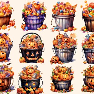80 Halloween Candies Bucket Watercolor Clipart Bundle, PNG Trick or ...