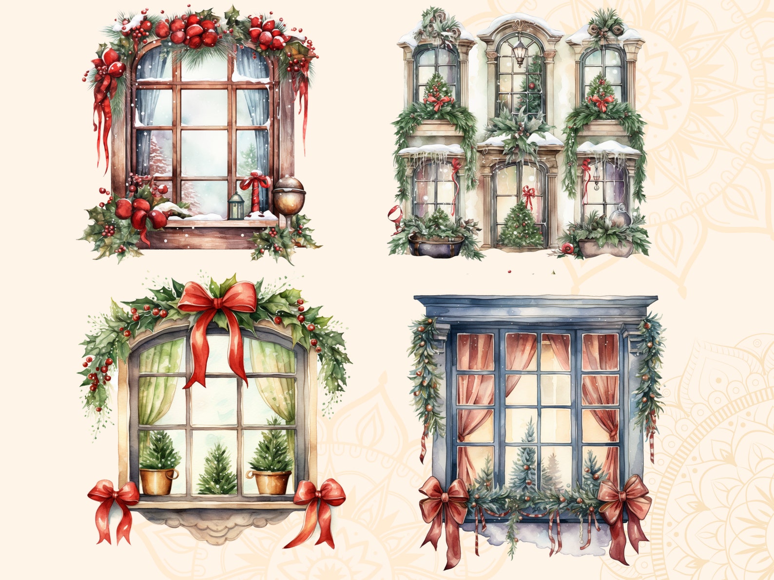22 Watercolor Christmas Window Clipart, High Quality JPEG Files, Xmas ...