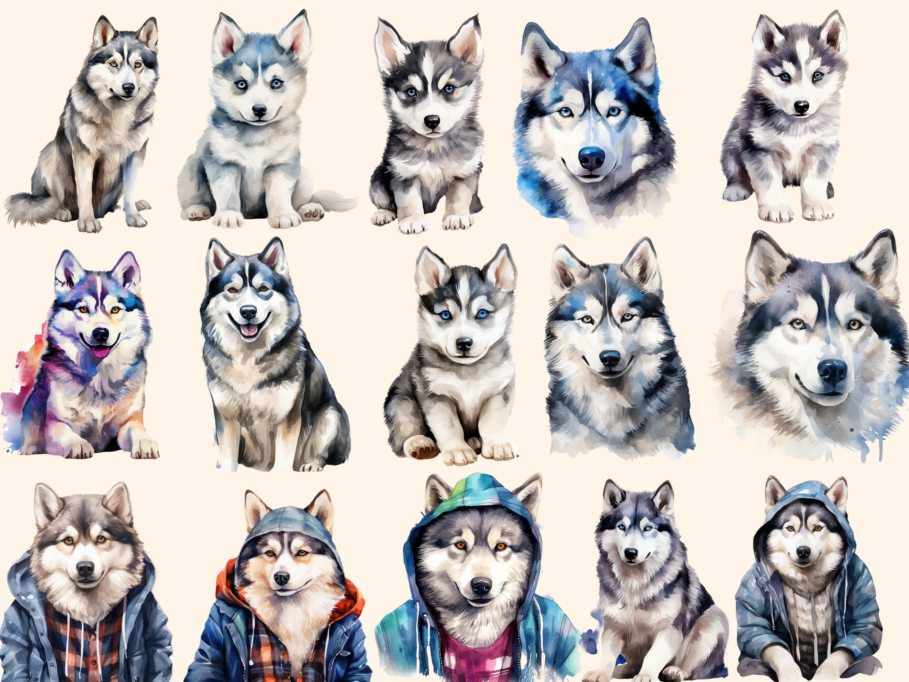 100 Husky Dog Watercolor Clipart Bundle, PNG Siberian Husky Images ...