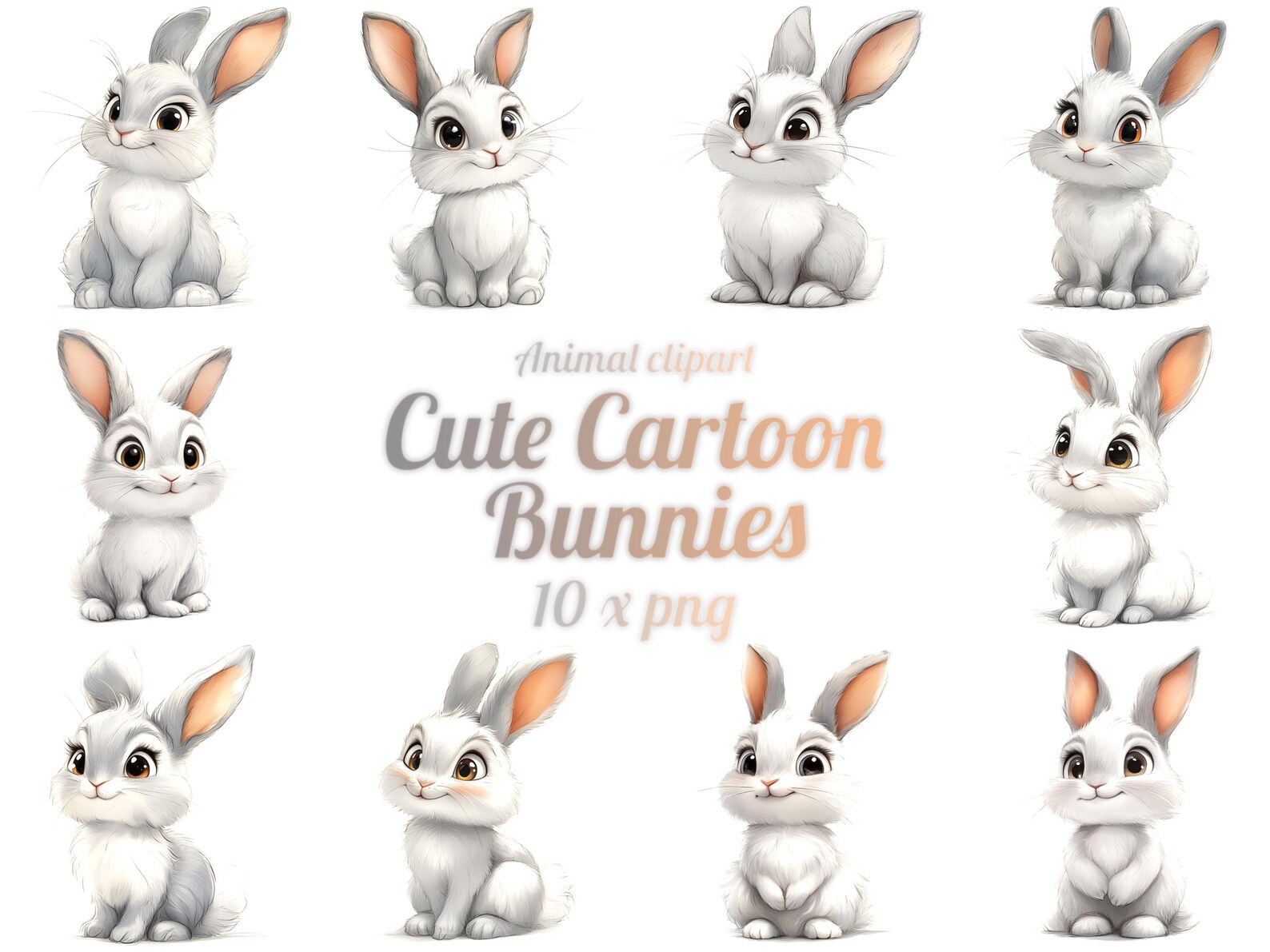 10 Cute Cartoon Bunnies, Clipart, Transparent Background, PNG - Etsy