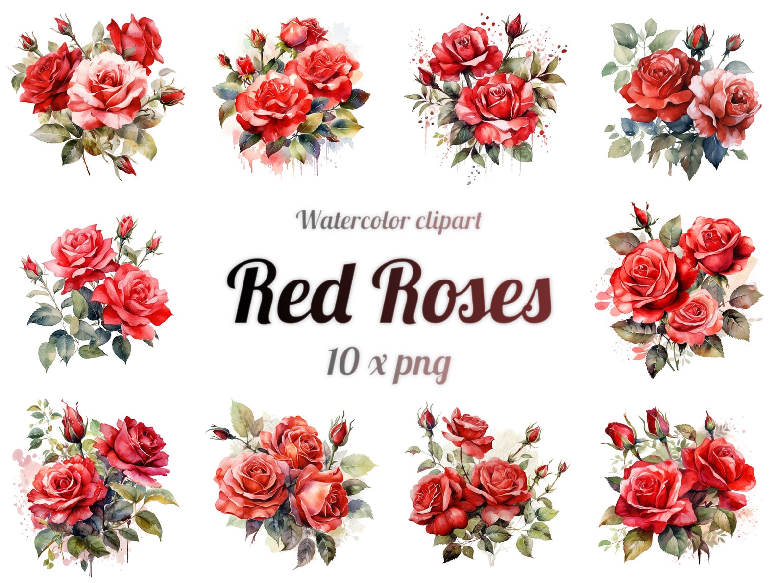 10 Red Roses, Clipart, Watercolor, Transparent Background, PNG - Etsy