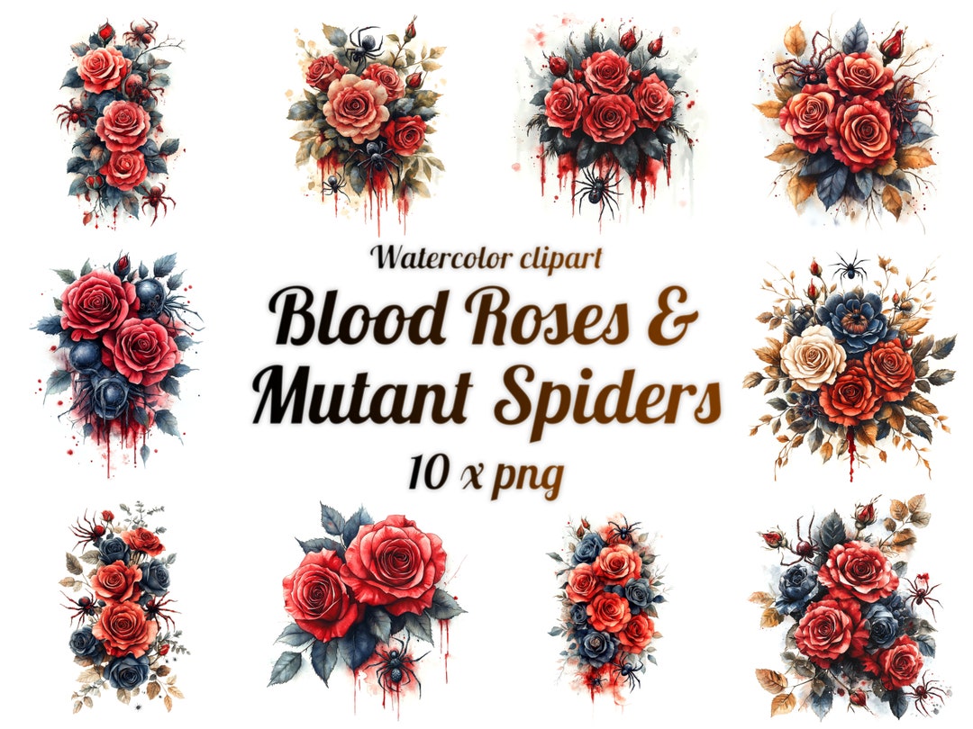 10 Blood Roses and Mutant Spiders, Clipart, Watercolor, Halloween ...