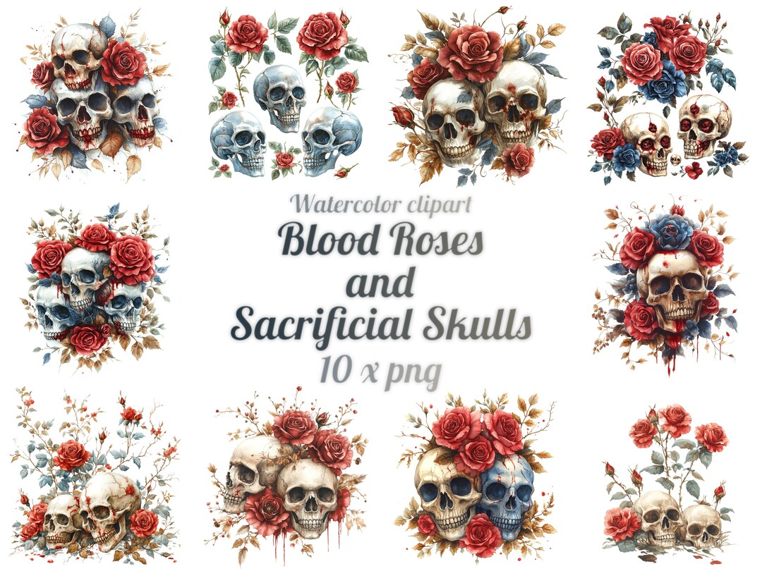 10 Blood Roses and Sacrificial Skulls, Clipart, Watercolor, Transparent ...