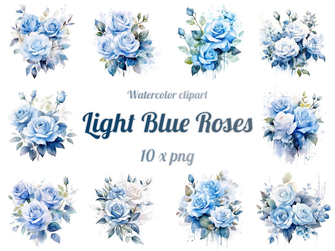 10 Light Blue Roses, Clipart, Watercolor, Transparent Background, PNG ...