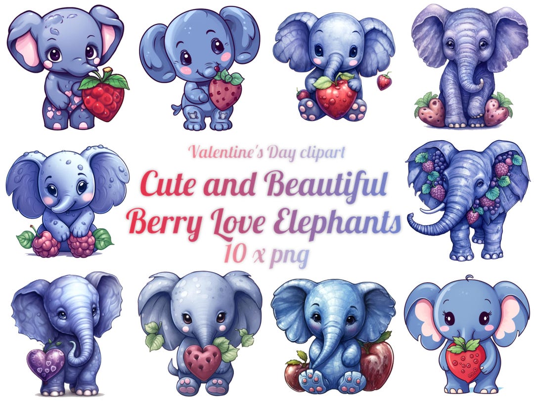 10 Cute and Beautiful Berry Love Elephants, Clipart, Valentine’s Day ...