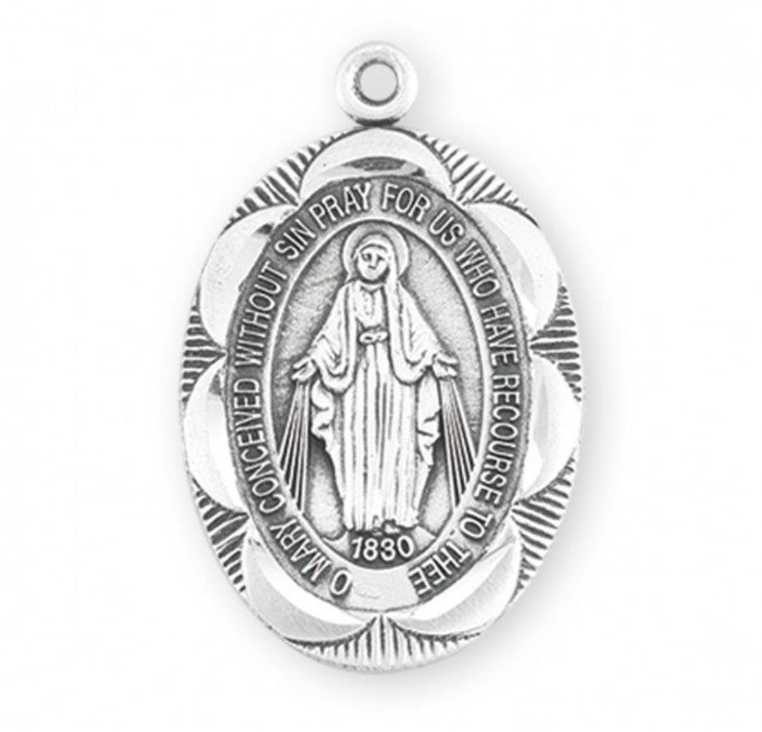 Miraculous Medal Blessed Mother Mary Oval Fancy Edging Sterling Silver ...