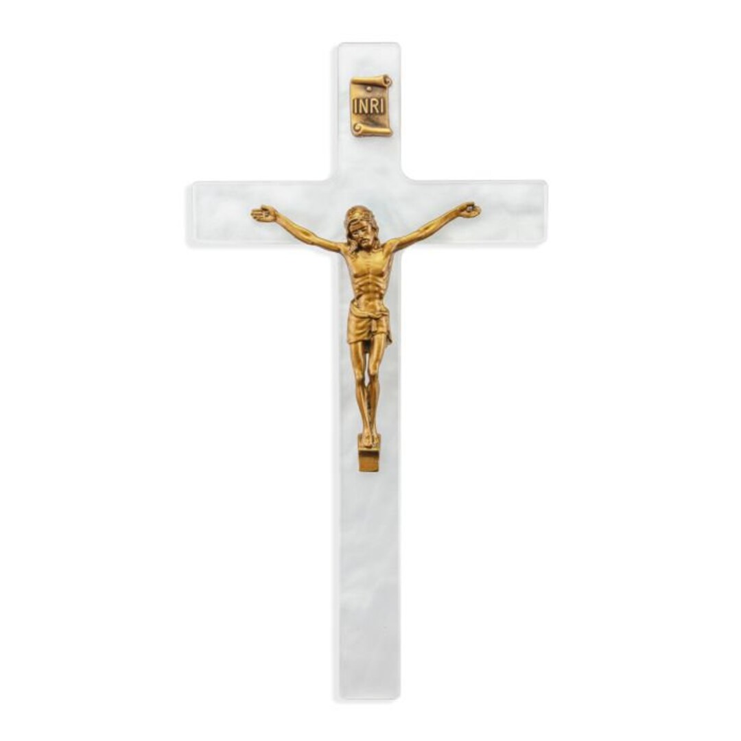Wall Crucifix 7 Pearlized White Cross With Gold Corpus Catholic Wall ...