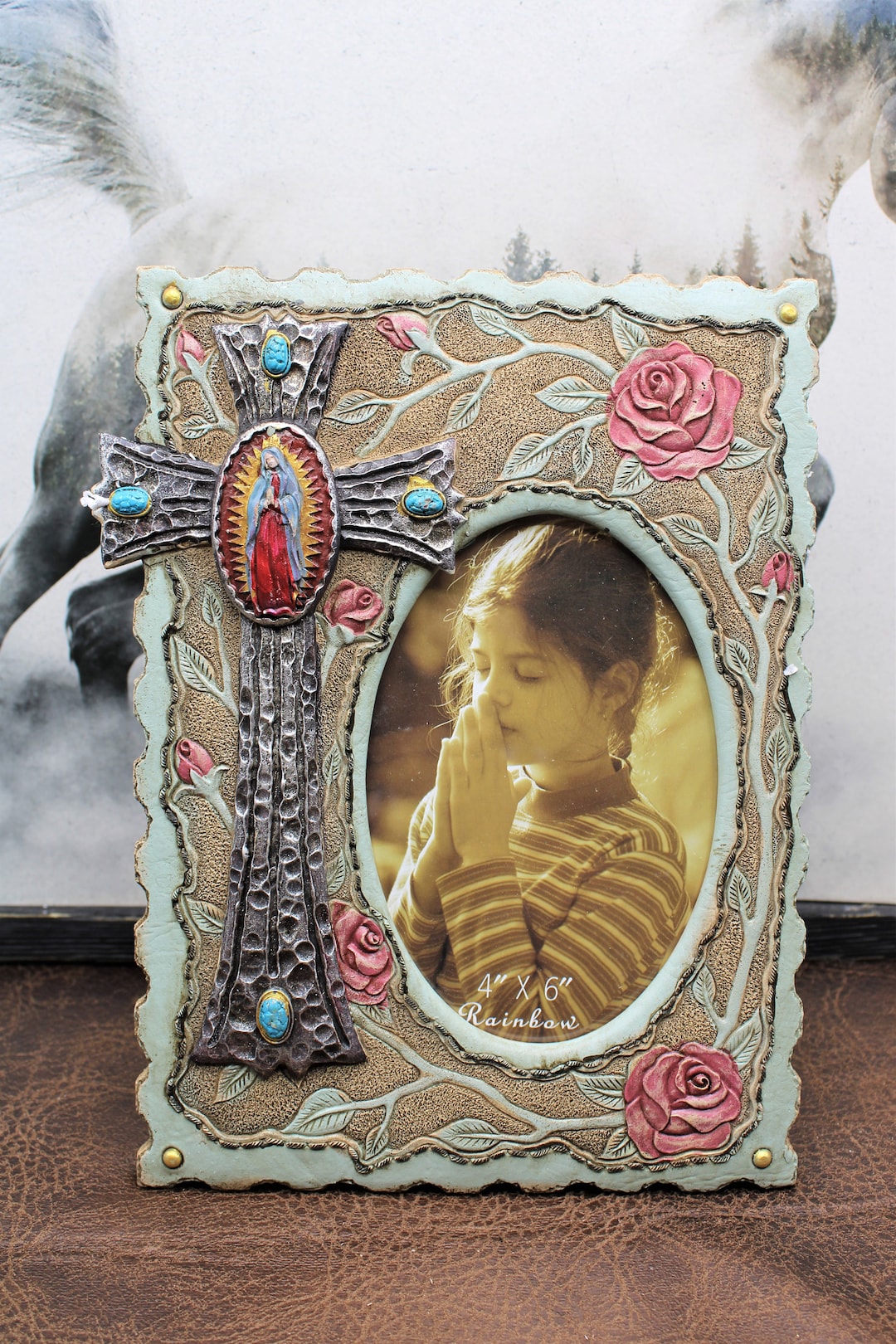 Virgin Mary Cross Picture Frame Floral Design Religious Gifts - Etsy