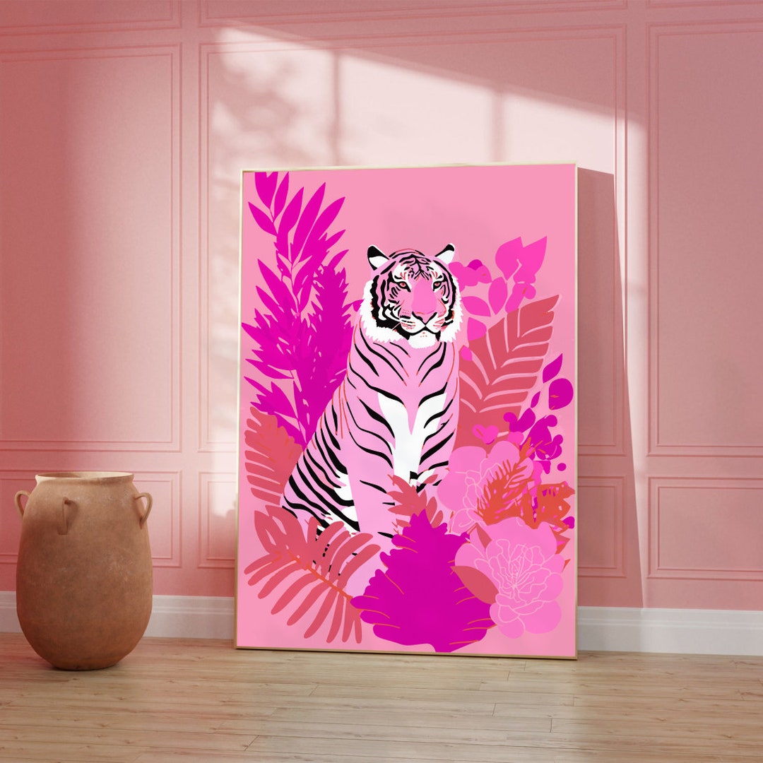 Pink Tiger and Colourful Plants Print, Boho, Animal Wall Art, Flowers ...