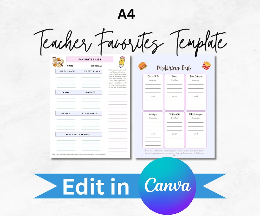 A4 Editable Teacher Favorites Template, Customizable Teacher Favorites ...