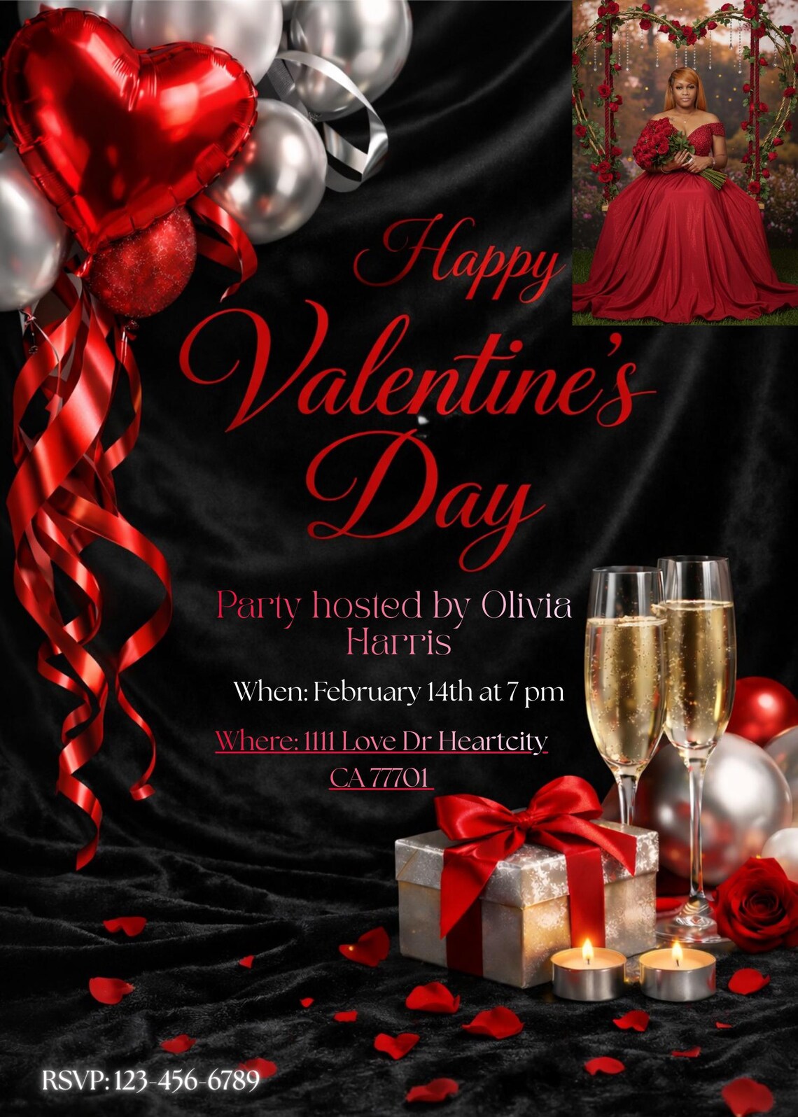 Elegant Valentine's Day Party Invitation, Red & Black, Canva Template ...