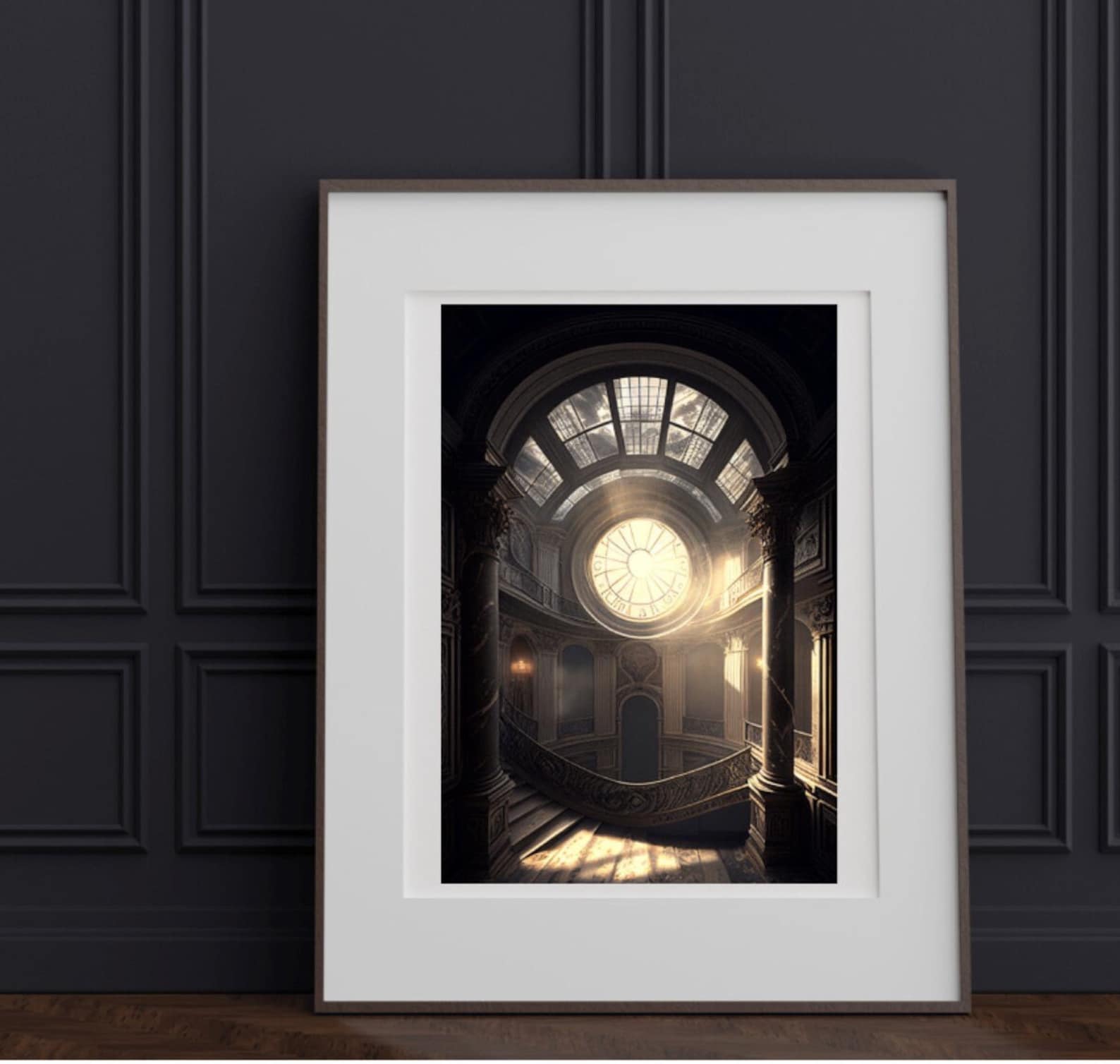 Vintage Style Ink Drawing Architecture Interior View Skylight Staircase ...