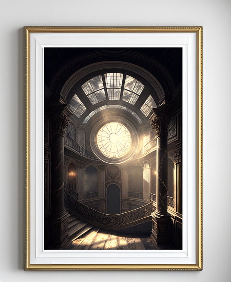 Vintage Style Ink Drawing Architecture Interior View Skylight Staircase ...