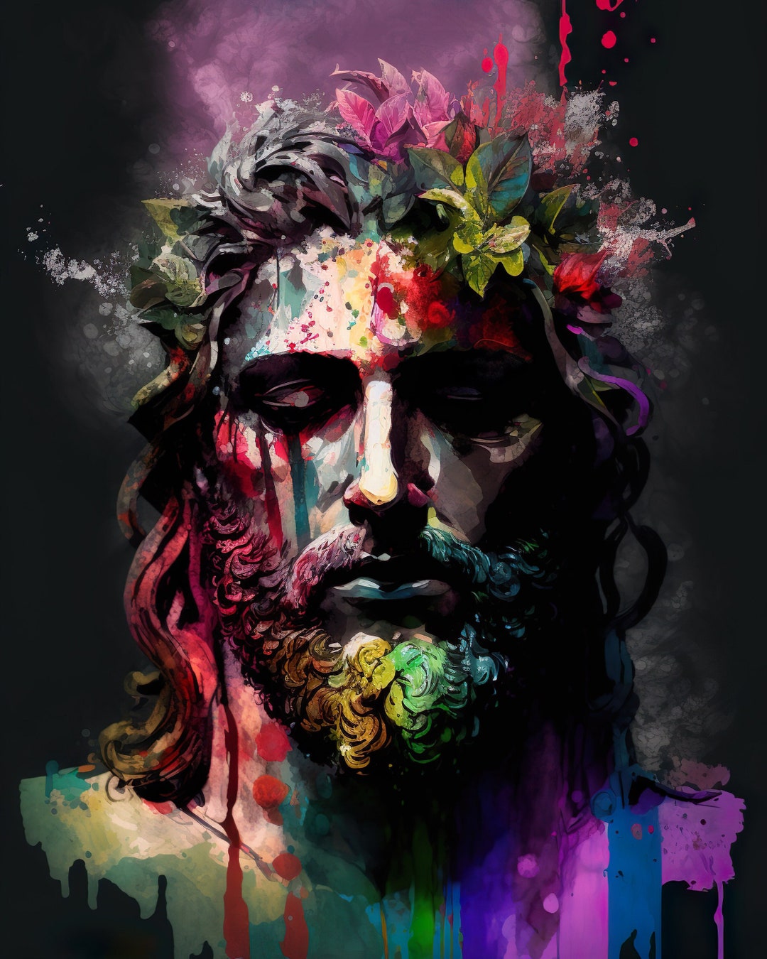 Downloadable Digital Art Printable Dionysus Image Male Portrait Flower ...