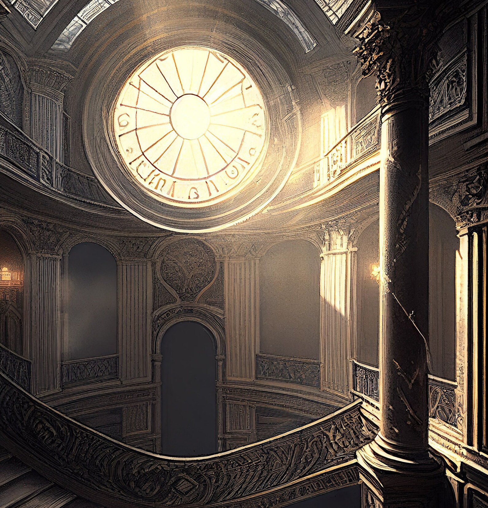 Vintage Style Ink Drawing Architecture Interior View Skylight Staircase ...