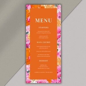 Fresh Bright Pink and Orange Floral Bloom Wedding Menu, Three Course ...