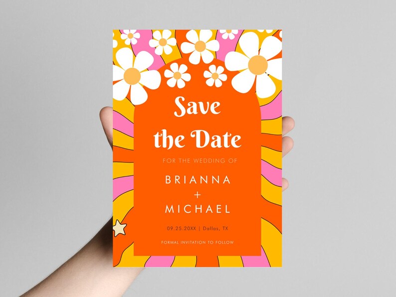 Editable Groovy Orange Save the Date Invite - DIY Daisy Floral Wedding ...