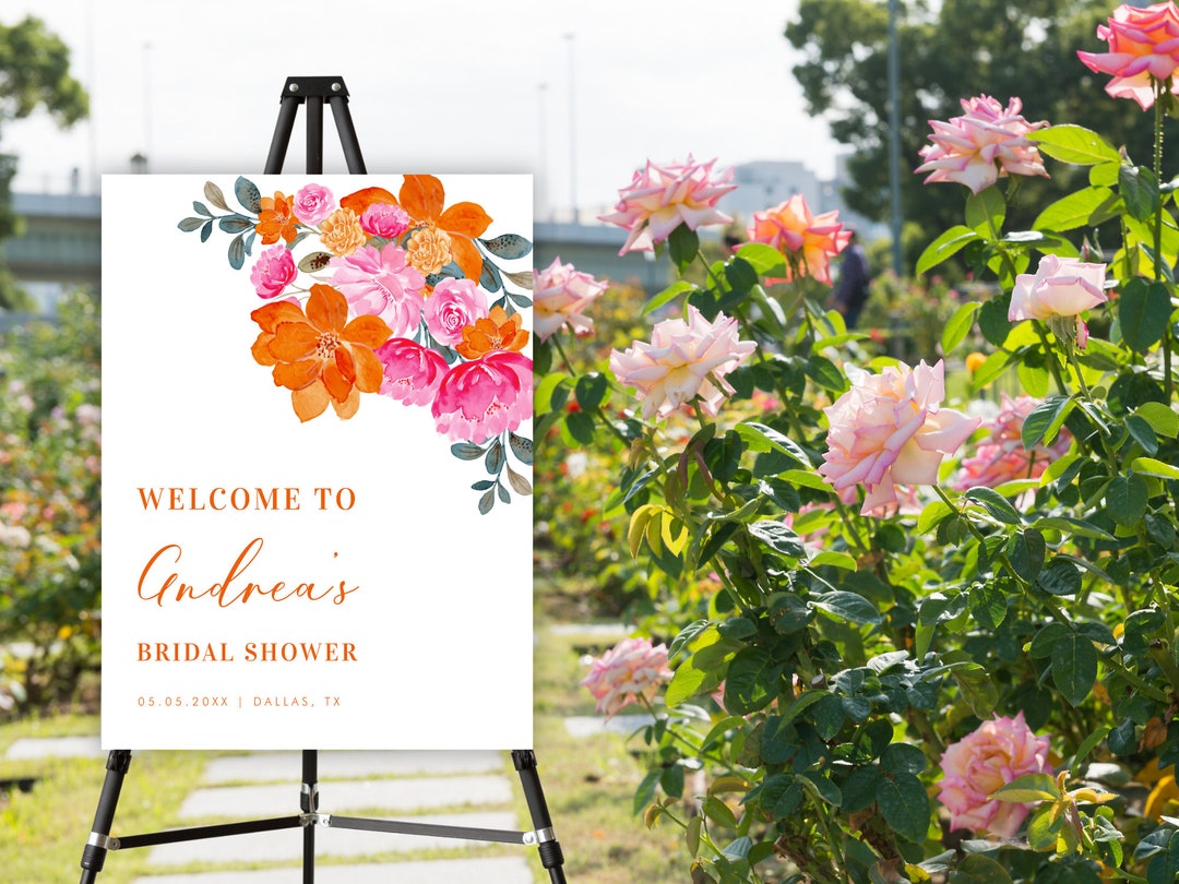 Pink & Orange Summer Floral Bridal Shower Digital Welcome DIY Sign ...