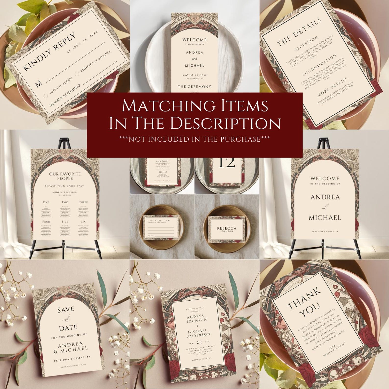Vintage Art Deco Nouveau Wedding Name Card - Digital Floral Burgundy ...