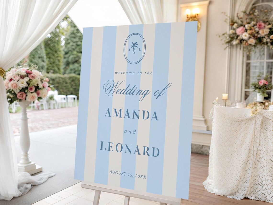 Blue Striped Wedding Welcome Sign: Tropical Coastal Reception (instant ...