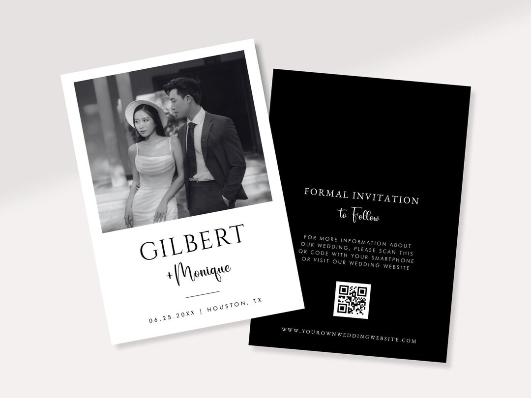 Opposite Fonts Black White Wedding Save the Date - Editable Photo QR ...