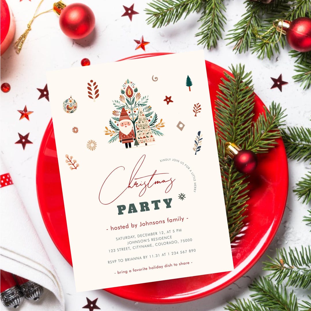 Scandinavian Folk Art Santa Claus Christmas Party Invitation Digital ...
