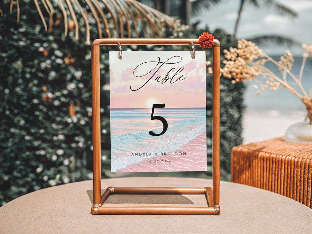 Sunset Beach Wedding Table Number Sign: Coastal Ocean Template (5x7 ...