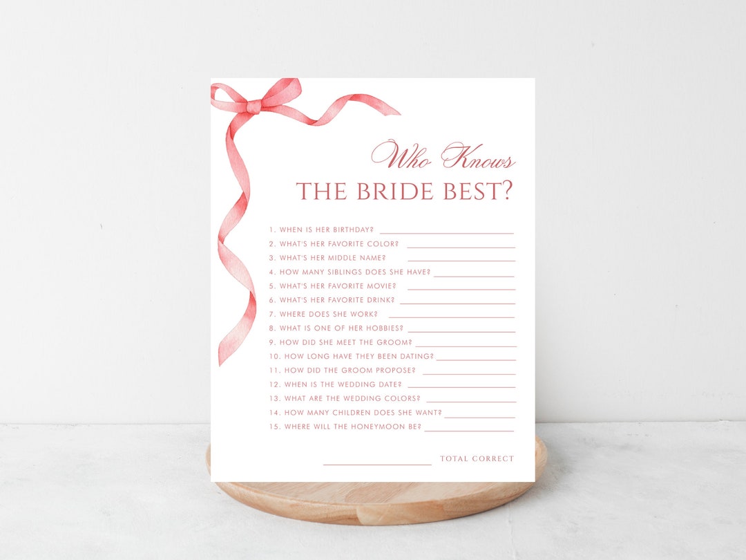 Pink Ribbon Bow Who Knows the Bride Best Game - Digital Who Knows the ...