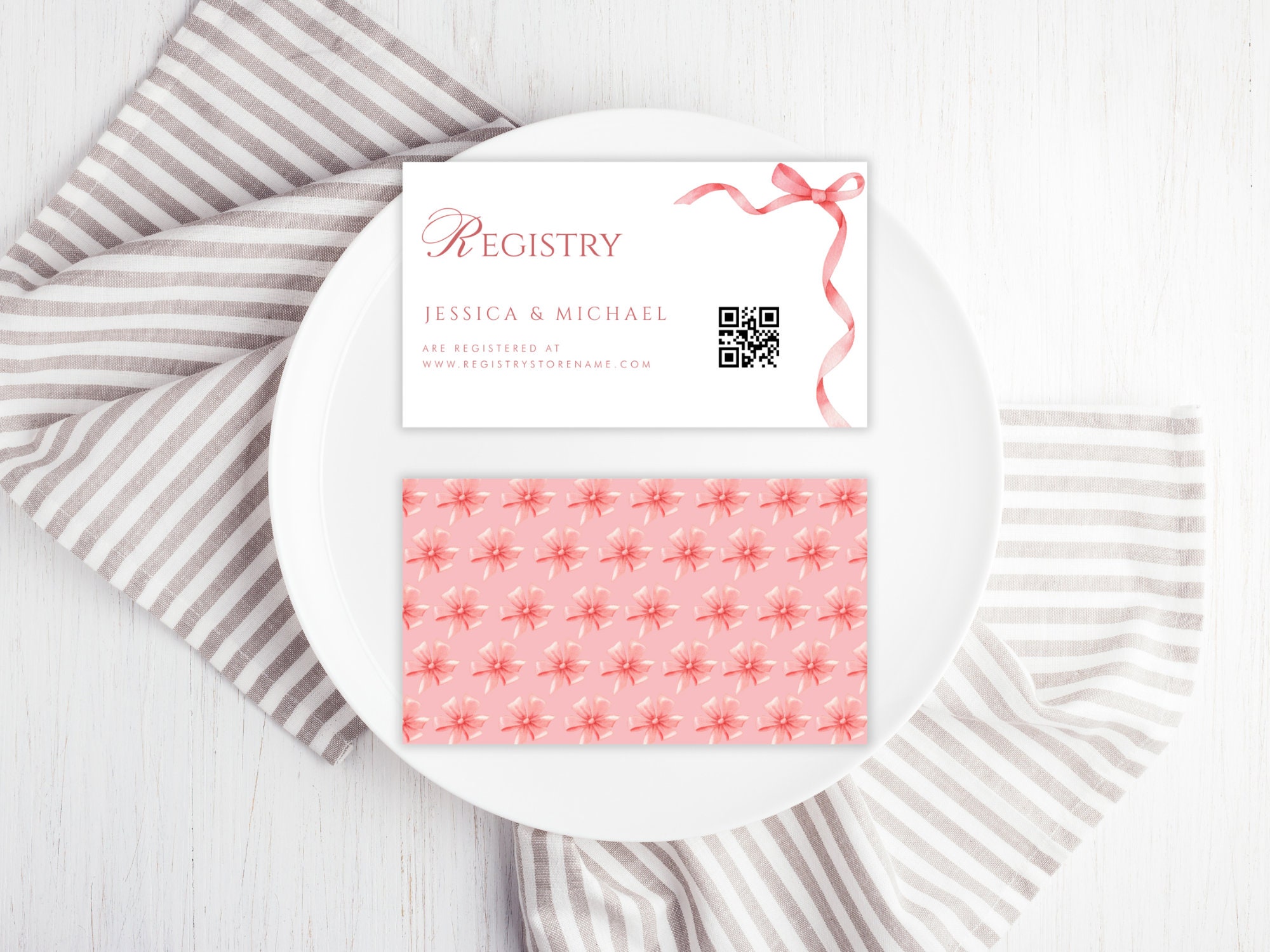 Pink Ribbon Bow Bridal Shower Registry Enclosure Card - DIY QR Code Bridal Shower Registry Card ...