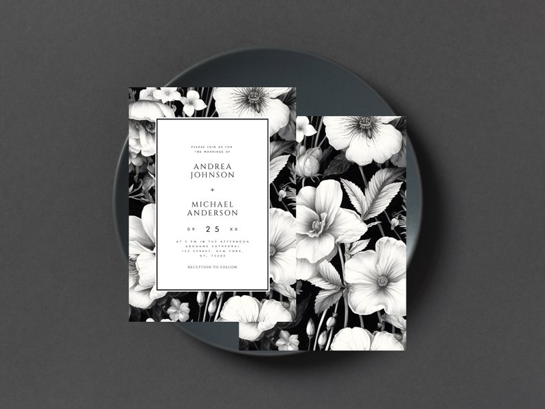 Black White Botanical Wedding Invitation Digital Dark Floral Wedding ...
