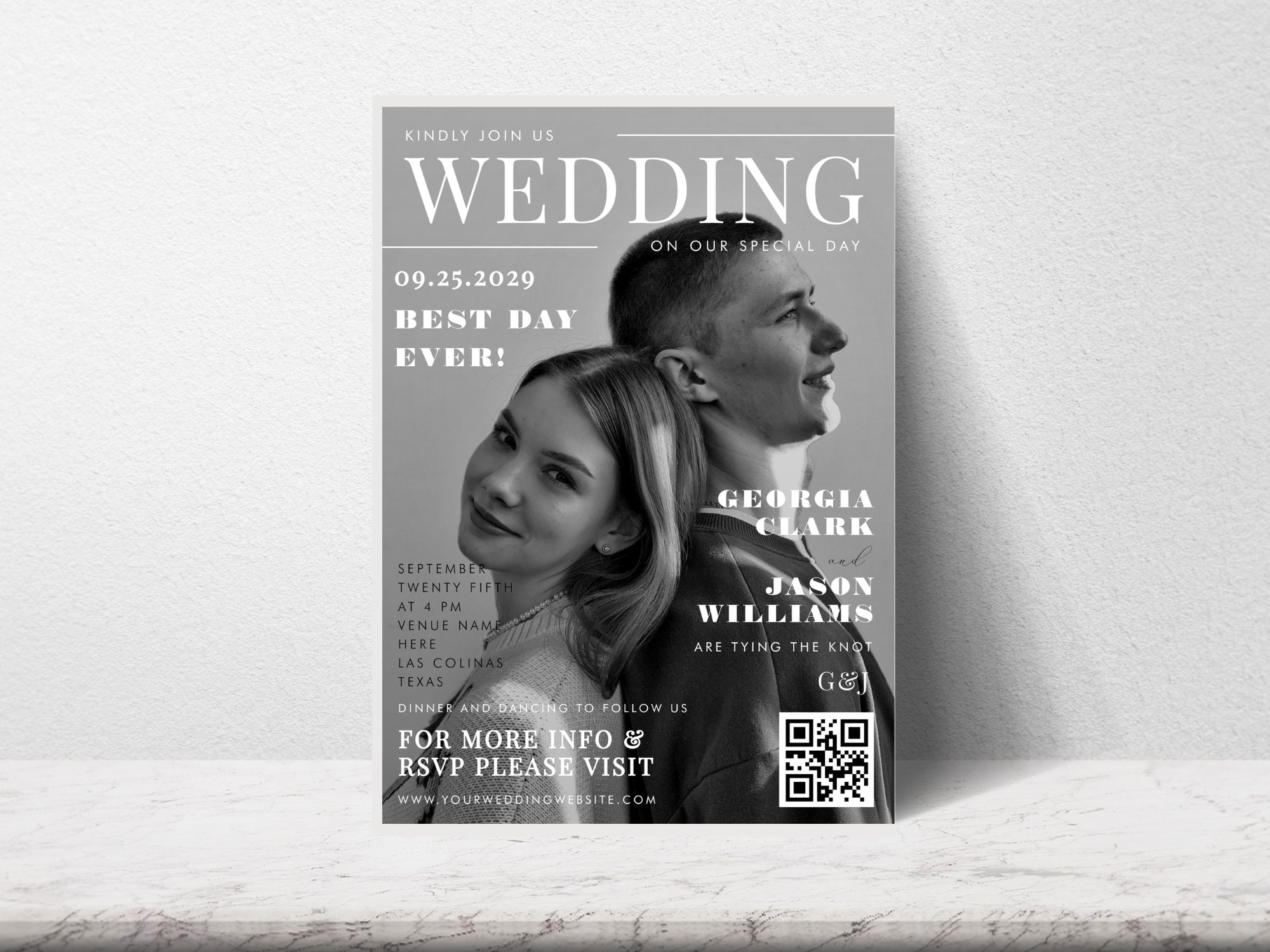Digital Black & White Magazine Cover Wedding Invitation - DIY Unique ...