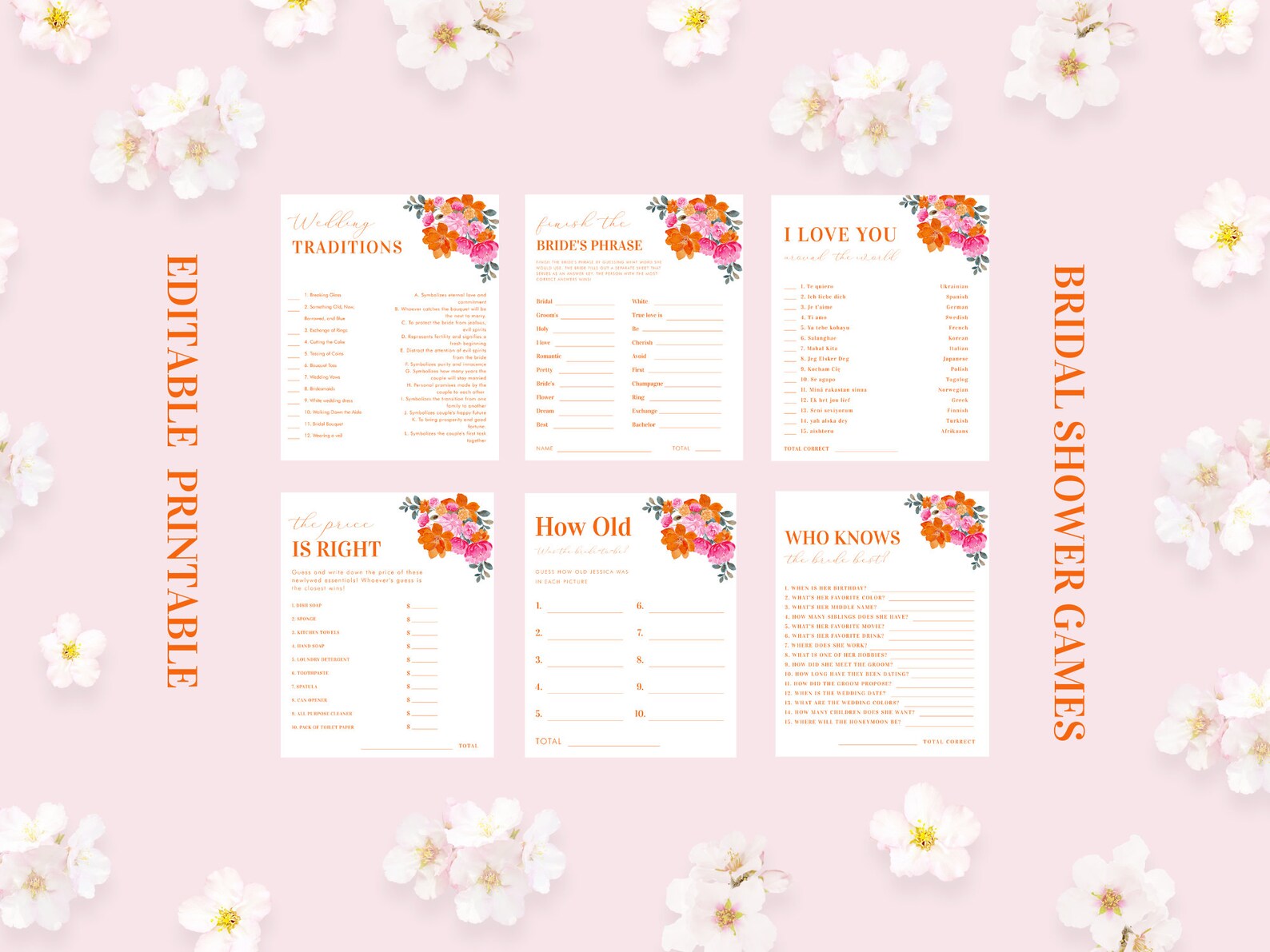 Pink Orange Bridal Shower Games Bundle - Digital Floral 16 Bridal ...