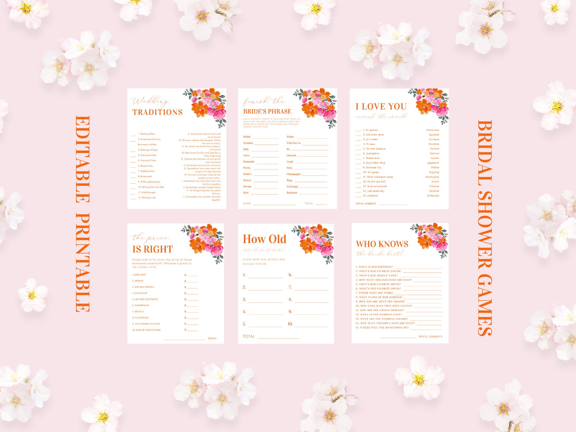 Pink Orange Bridal Shower Games Bundle - Digital Floral 16 Bridal ...