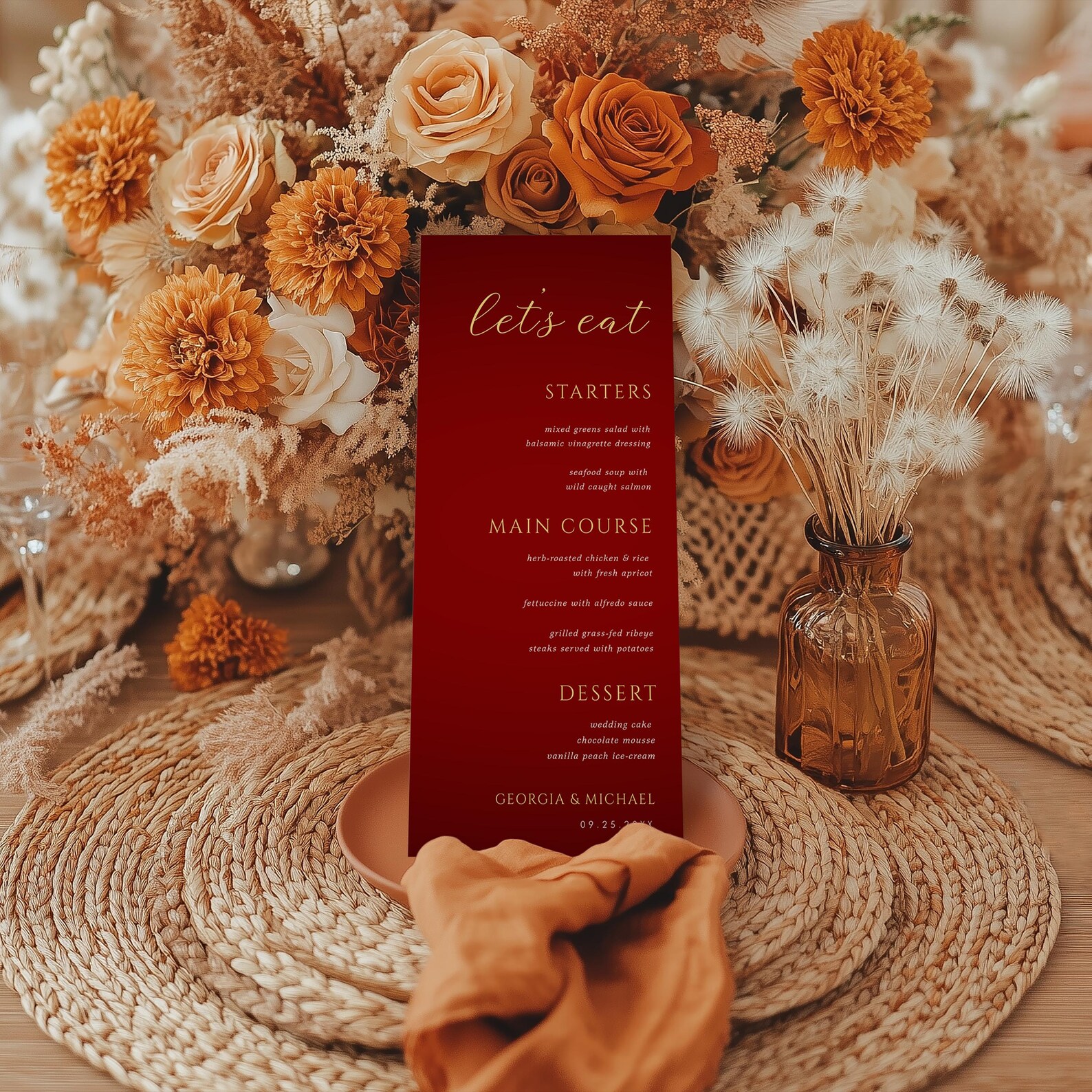 Editable Let's Eat Red & Gold Wedding Menu - Digital Minimalist ...