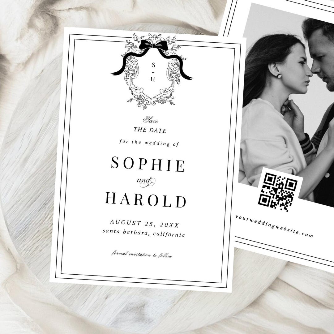 Crest Bow Monogram QR Code Save the Date - French Coquette Photo Save ...