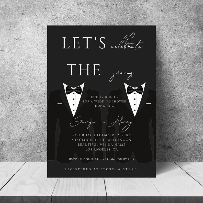 Two Grooms Wedding Shower Invitation: LGBTQ Tuxedos, Editable Printable ...