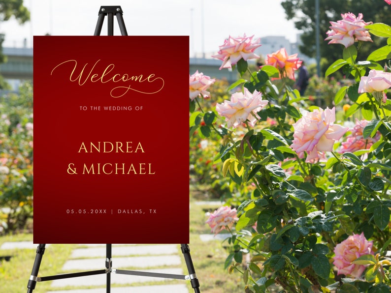 Editable Dark Red Gold Wedding Sign Digital Dark Red Wine Wedding ...