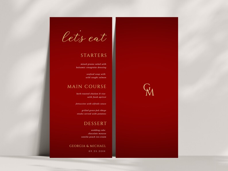 Editable Let's Eat Red & Gold Wedding Menu - Digital Minimalist ...