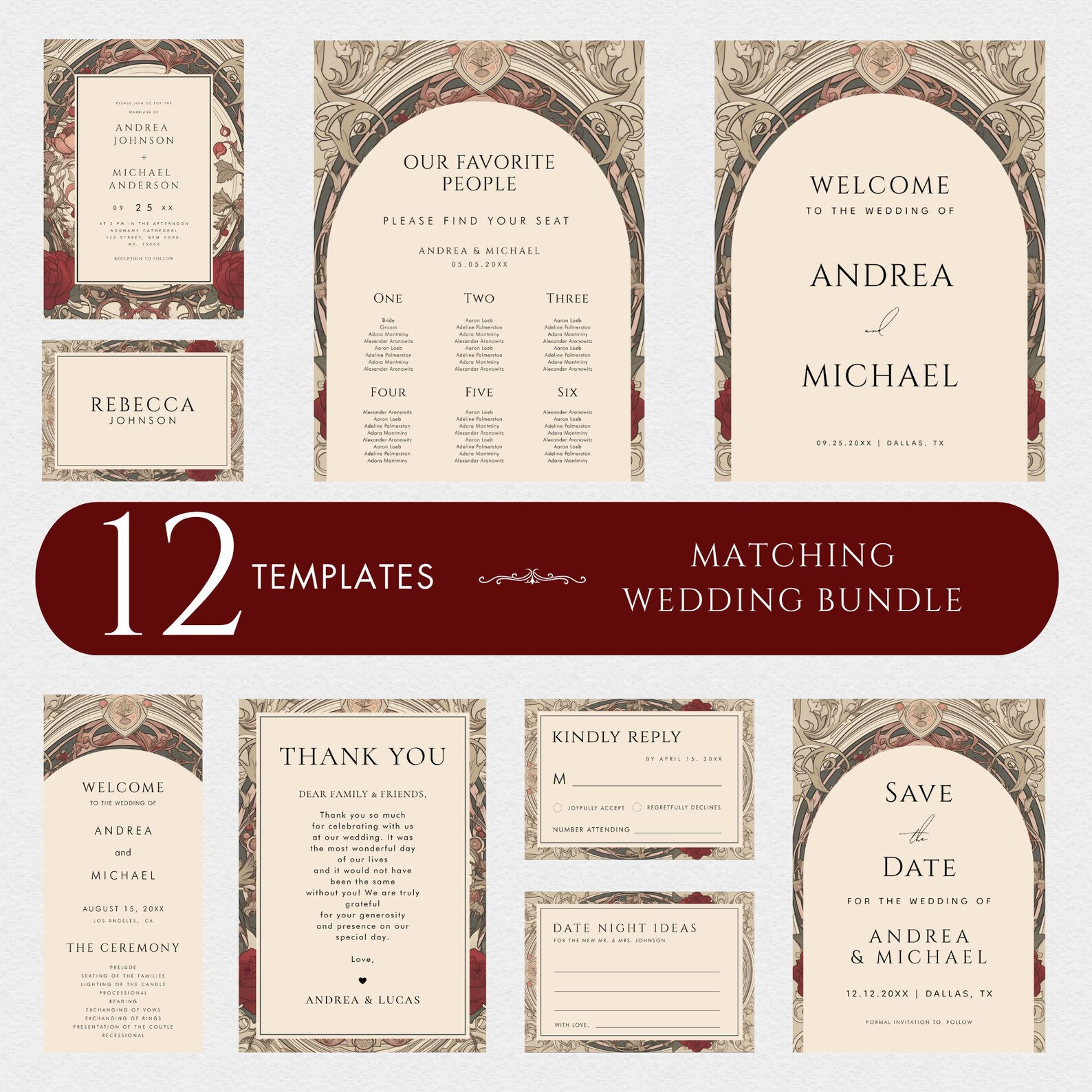 Vintage Art Deco Nouveau Wedding Name Card - Digital Floral Burgundy ...