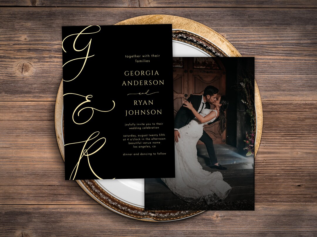 Editable Gold Black Wedding Invitation Digital Dark Faded Photo Wedding Invite DIY Oversized ...