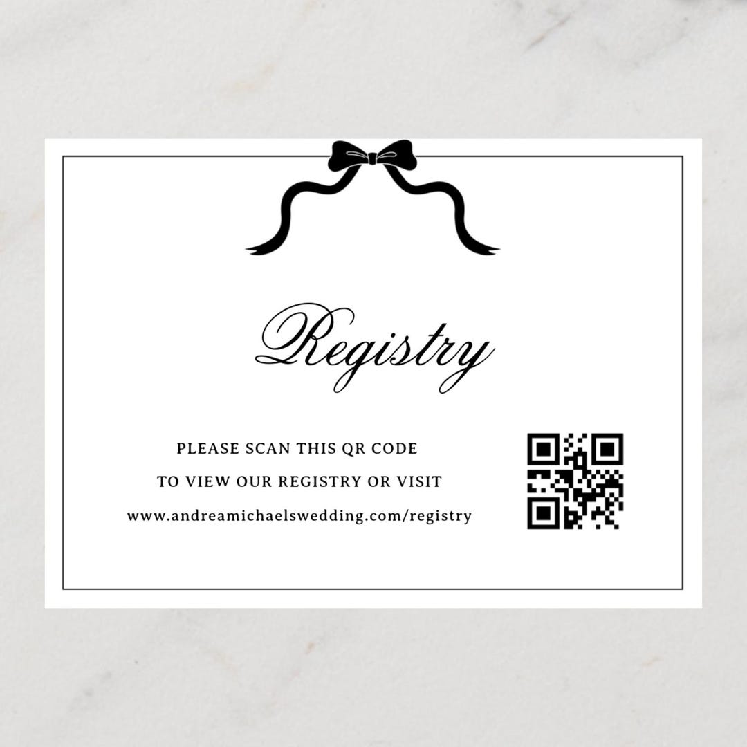 Black Bow Ribbon QR Code Wedding Registry Card | Elegant Gift Enclosure ...